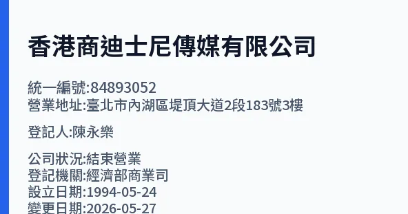 香港商迪士尼傳媒有限公司的照片-統編 84893052(臺北市) 公司登記資料與營業項目詳細圖表