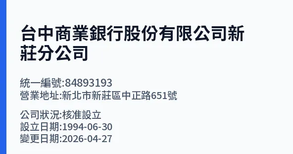 台中商業銀行股份有限公司新莊分公司的照片-統編 84893193(新北市) 公司登記資料與營業項目詳細圖表