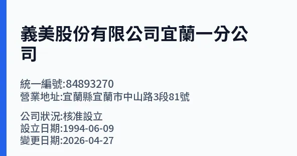 義美股份有限公司宜蘭一分公司的照片-統編 84893270(宜蘭縣) 公司登記資料與營業項目詳細圖表