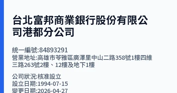 台北富邦商業銀行股份有限公司港都分公司的照片-統編 84893291(高雄市) 公司登記資料與營業項目詳細圖表