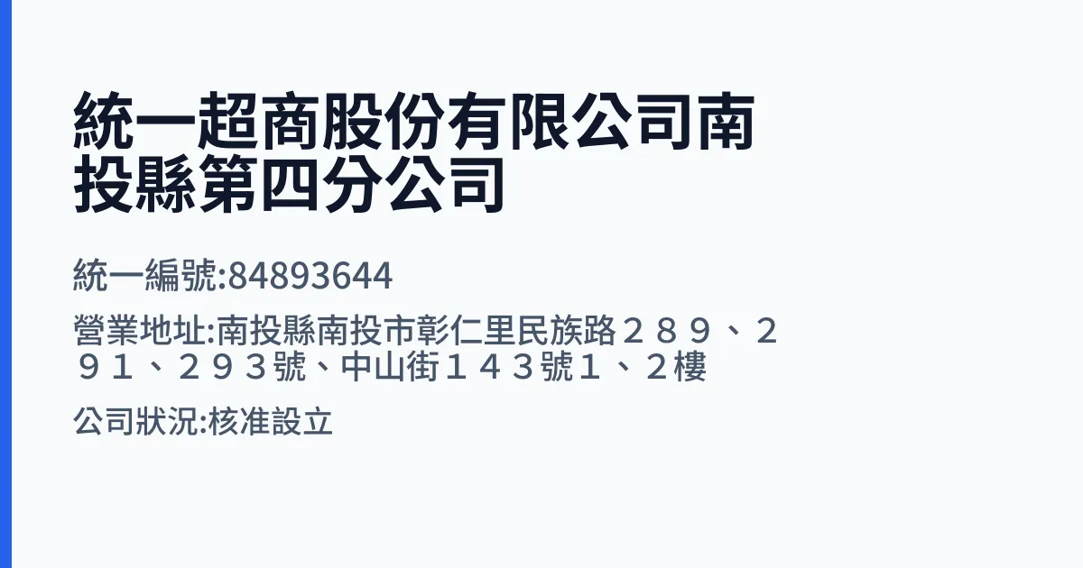 統一超商股份有限公司南投縣第四分公司 - 統編 84893644(南投縣) 公司登記資料與營業項目詳細圖表