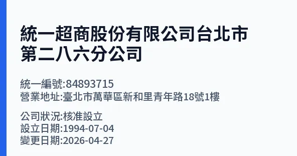 統一超商股份有限公司台北市第二八六分公司的照片-統編 84893715(臺北市) 公司登記資料與營業項目詳細圖表