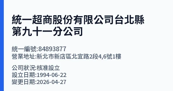 統一超商股份有限公司台北縣第九十一分公司的照片-統編 84893877(新北市) 公司登記資料與營業項目詳細圖表