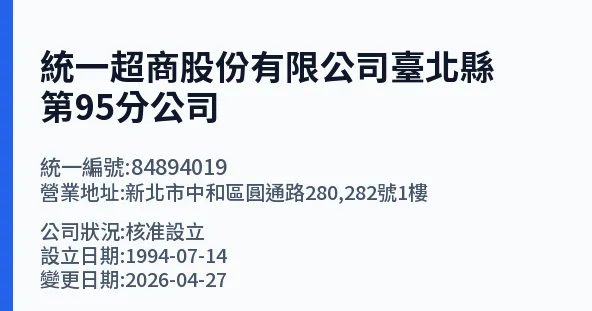 統一超商股份有限公司臺北縣第95分公司的照片-統編 84894019(新北市) 公司登記資料與營業項目詳細圖表