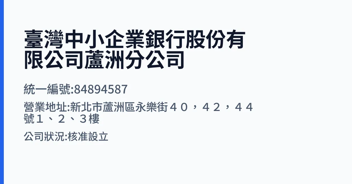 臺灣中小企業銀行股份有限公司蘆洲分公司 - 統編 84894587(新北市) 公司登記資料與營業項目詳細圖表
