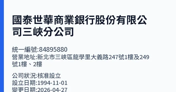 國泰世華商業銀行股份有限公司三峽分公司的照片-統編 84895880(新北市) 公司登記資料與營業項目詳細圖表