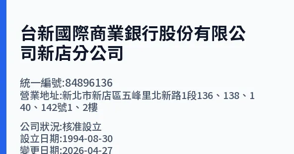 台新國際商業銀行股份有限公司新店分公司的照片-統編 84896136(新北市) 公司登記資料與營業項目詳細圖表