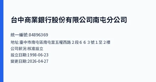 台中商業銀行股份有限公司南屯分公司的照片-統編 84896369(臺中市) 公司登記資料與營業項目詳細圖表