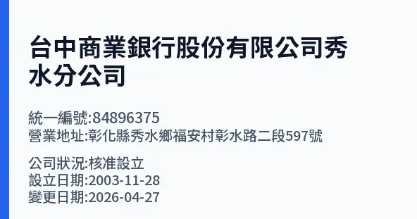 台中商業銀行股份有限公司秀水分公司的照片-統編 84896375(彰化縣) 公司登記資料與營業項目詳細圖表