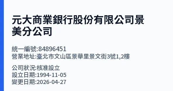 元大商業銀行股份有限公司景美分公司的照片-統編 84896451(臺北市) 公司登記資料與營業項目詳細圖表