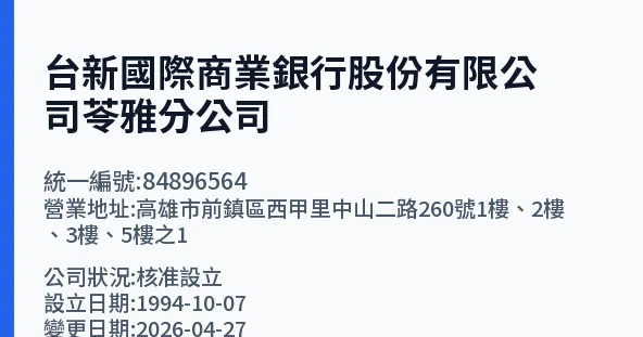 台新國際商業銀行股份有限公司苓雅分公司的照片-統編 84896564(高雄市) 公司登記資料與營業項目詳細圖表