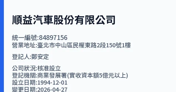 順益汽車股份有限公司的照片-統編 84897156(臺北市) 公司登記資料與營業項目詳細圖表