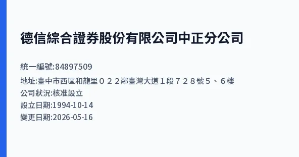 德信綜合證券股份有限公司中正分公司的照片-統編 84897509(臺中市) 公司登記資料與營業項目詳細圖表
