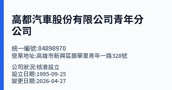高都汽車股份有限公司青年分公司的照片-統編 84898970(高雄市) 公司登記資料與營業項目詳細圖表