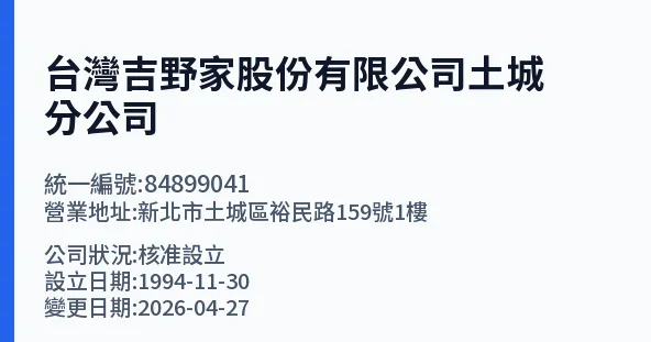 台灣吉野家股份有限公司土城分公司的照片-統編 84899041(新北市) 公司登記資料與營業項目詳細圖表