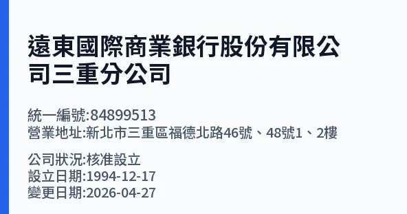 遠東國際商業銀行股份有限公司三重分公司的照片-統編 84899513(新北市) 公司登記資料與營業項目詳細圖表