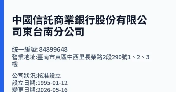 中國信託商業銀行股份有限公司東台南分公司的照片-統編 84899648(臺南市) 公司登記資料與營業項目詳細圖表