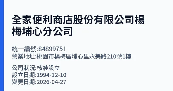 全家便利商店股份有限公司楊梅埔心分公司的照片-統編 84899751(桃園市) 公司登記資料與營業項目詳細圖表