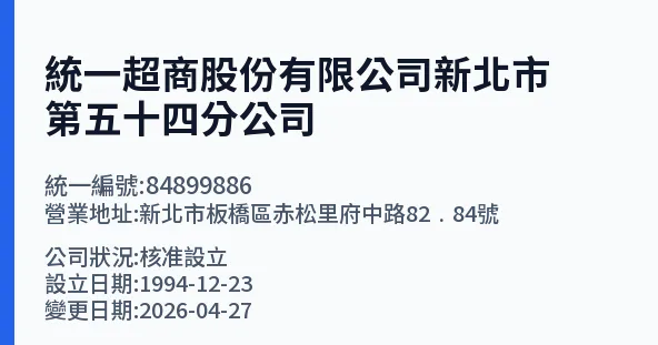 統一超商股份有限公司新北市第五十四分公司的照片-統編 84899886(新北市) 公司登記資料與營業項目詳細圖表