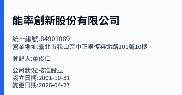 能率創新股份有限公司的照片-統編 84901089(臺北市) 公司登記資料與營業項目詳細圖表