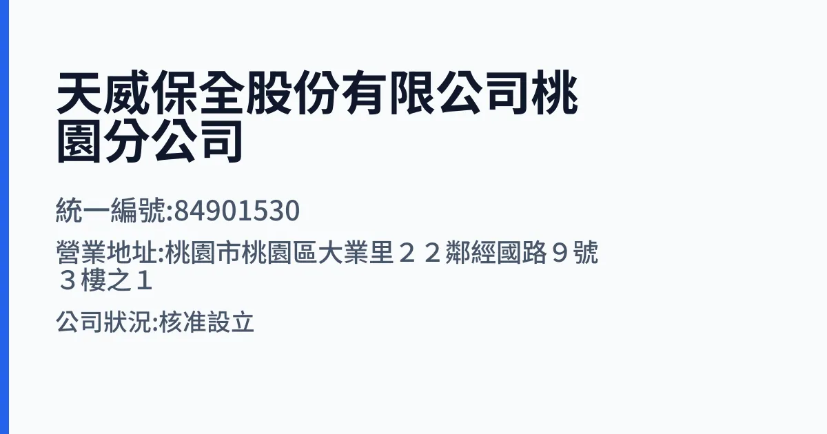 天威保全股份有限公司桃園分公司 - 統編 84901530(桃園市) 公司登記資料與營業項目詳細圖表