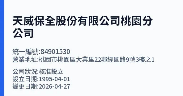 天威保全股份有限公司桃園分公司的照片-統編 84901530(桃園市) 公司登記資料與營業項目詳細圖表