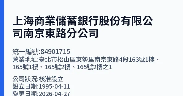上海商業儲蓄銀行股份有限公司南京東路分公司的照片-統編 84901715(臺北市) 公司登記資料與營業項目詳細圖表