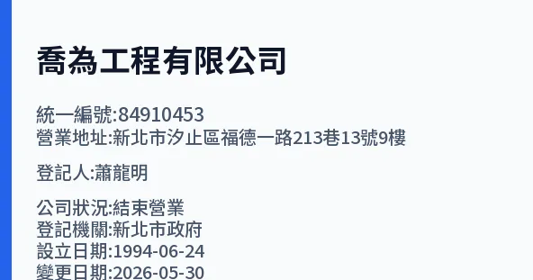 喬為工程有限公司的照片-統編 84910453(新北市) 公司登記資料與營業項目詳細圖表