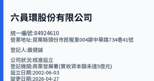 六員環股份有限公司的照片-統編 84924610(苗栗縣) 公司登記資料與營業項目詳細圖表