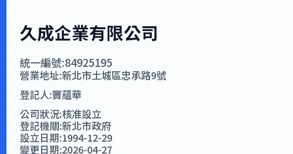 久成企業有限公司的照片-統編 84925195(新北市) 公司登記資料與營業項目詳細圖表