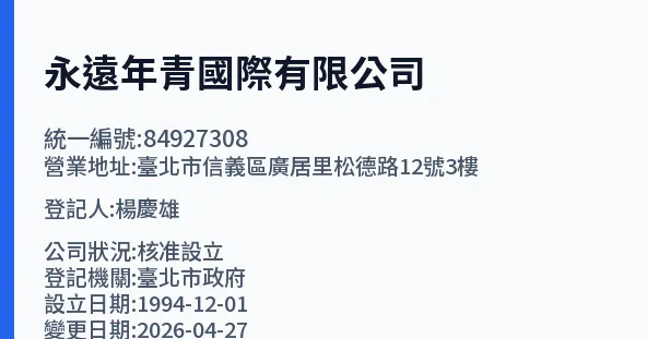 永遠年青國際有限公司的照片-統編 84927308(臺北市) 公司登記資料與營業項目詳細圖表