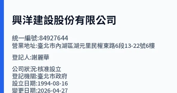 興洋建設股份有限公司的照片-統編 84927644(臺北市) 公司登記資料與營業項目詳細圖表