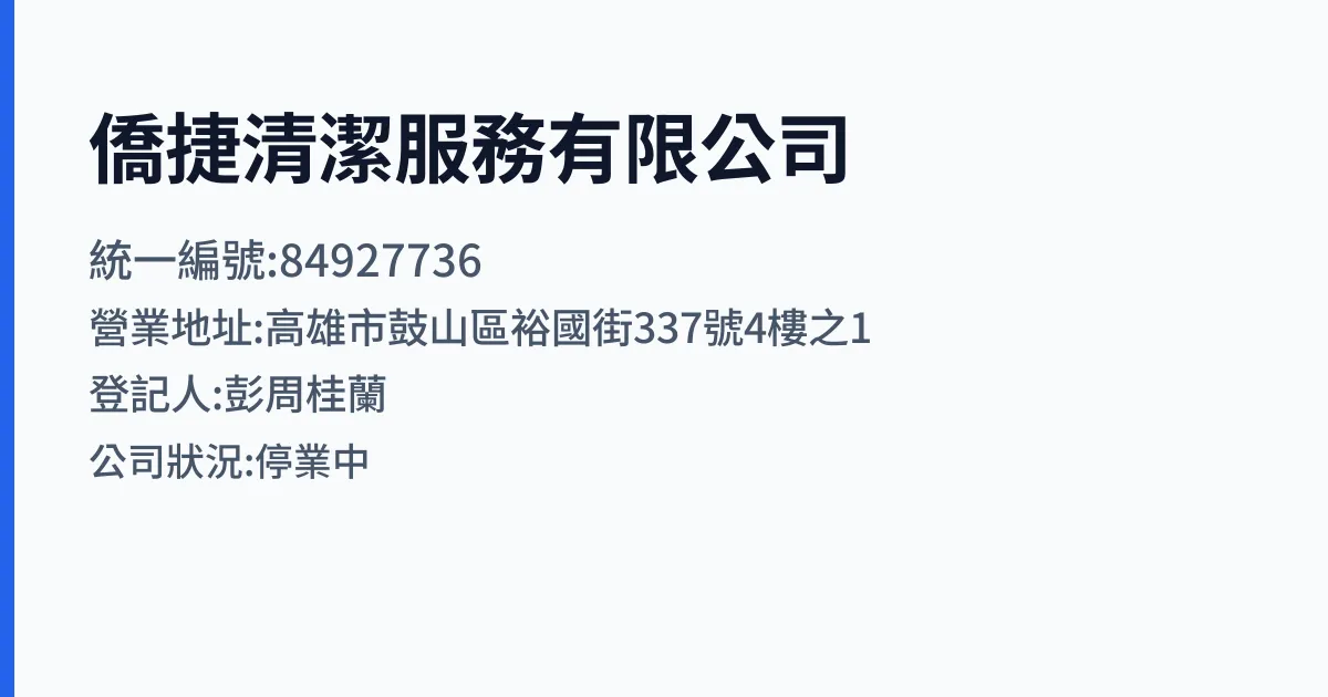 僑捷清潔服務有限公司 - 統編 84927736(高雄市) 公司登記資料與營業項目詳細圖表