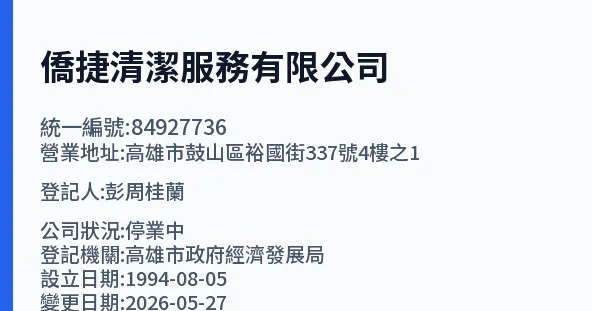 僑捷清潔服務有限公司的照片-統編 84927736(高雄市) 公司登記資料與營業項目詳細圖表