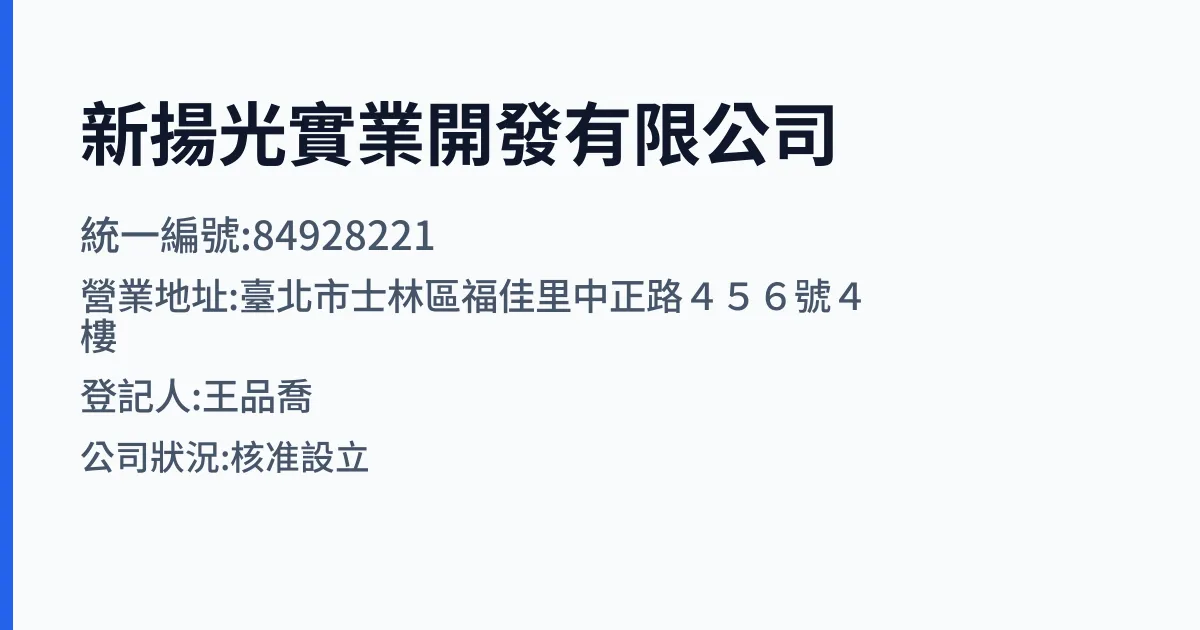 新揚光實業開發有限公司 - 統編 84928221（臺北市） 公司登記資料與營業項目詳細圖表
