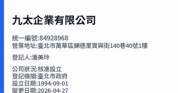 九太企業有限公司的照片-統編 84928968(臺北市) 公司登記資料與營業項目詳細圖表