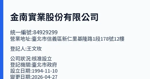 金南實業股份有限公司的照片-統編 84929299(臺北市) 公司登記資料與營業項目詳細圖表
