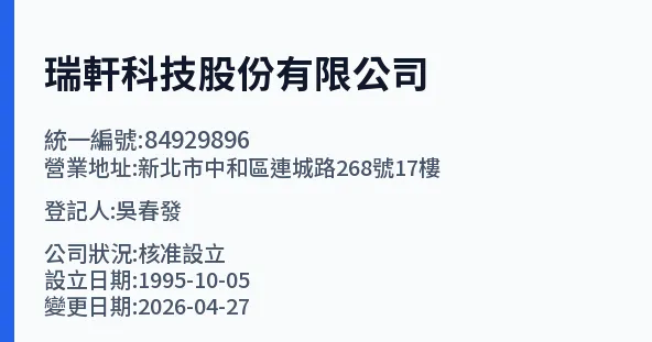 瑞軒科技股份有限公司的照片-統編 84929896(新北市) 公司登記資料與營業項目詳細圖表