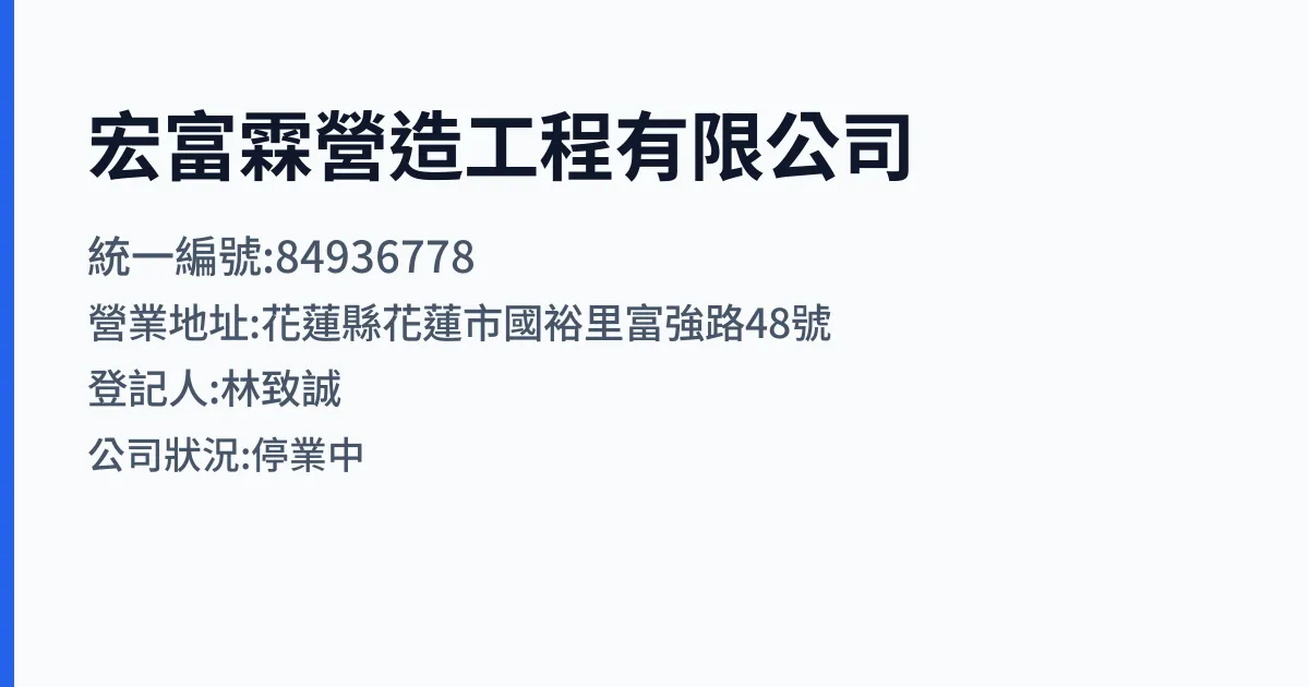 宏富霖營造工程有限公司 - 統編 84936778(花蓮縣) 公司登記資料與營業項目詳細圖表