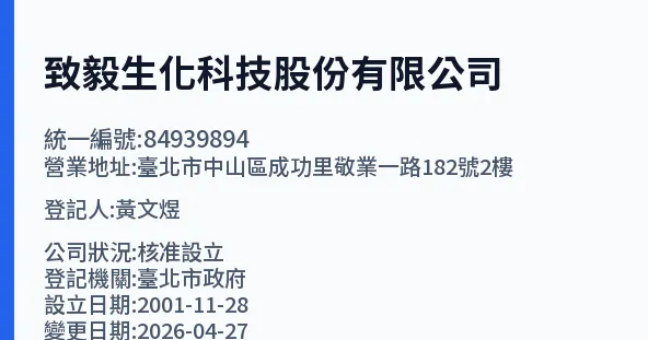 致毅生化科技股份有限公司的照片-統編 84939894(臺北市) 公司登記資料與營業項目詳細圖表