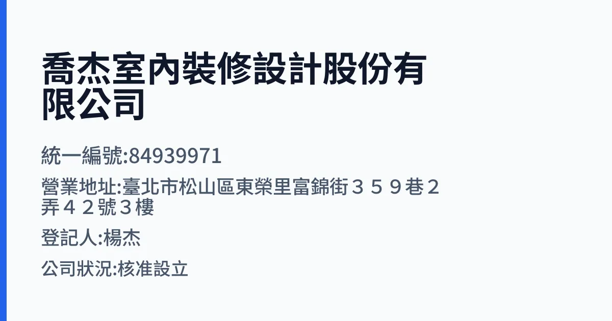 喬杰室內裝修設計股份有限公司 - 統編 84939971(臺北市) 公司登記資料與營業項目詳細圖表