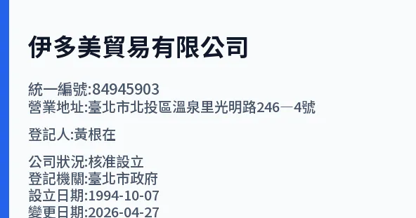 伊多美貿易有限公司的照片-統編 84945903(臺北市) 公司登記資料與營業項目詳細圖表