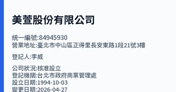 美萱股份有限公司的照片-統編 84945930(臺北市) 公司登記資料與營業項目詳細圖表