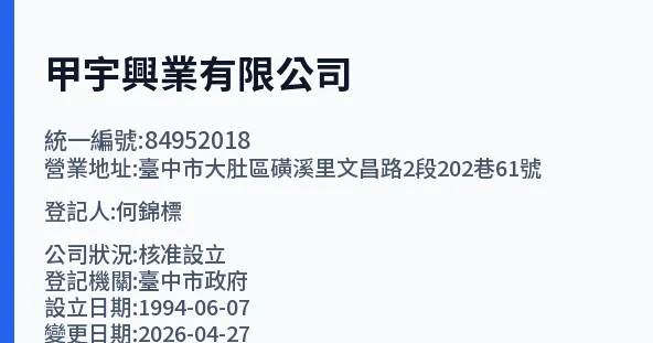 甲宇興業有限公司的照片-統編 84952018(臺中市) 公司登記資料與營業項目詳細圖表