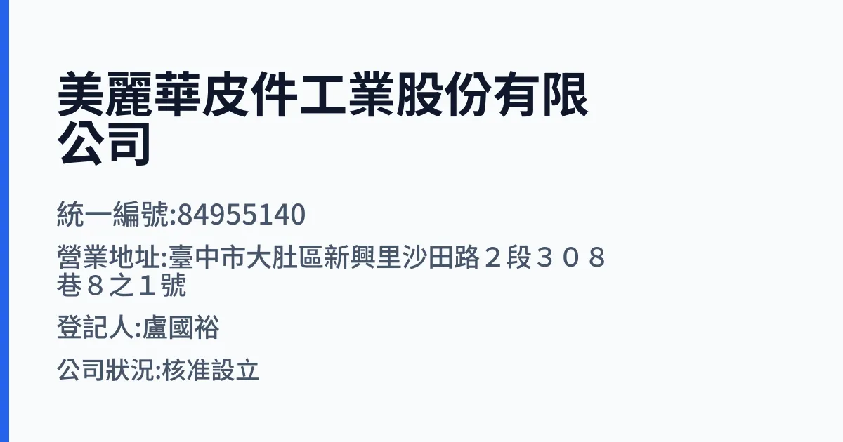 美麗華皮件工業股份有限公司 - 統編 84955140(臺中市) 公司登記資料與營業項目詳細圖表