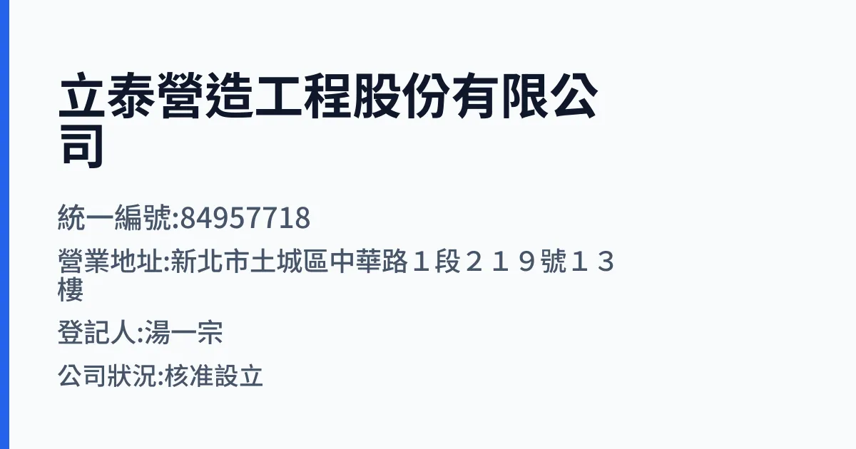 立泰營造工程股份有限公司 - 統編 84957718(新北市) 公司登記資料與營業項目詳細圖表