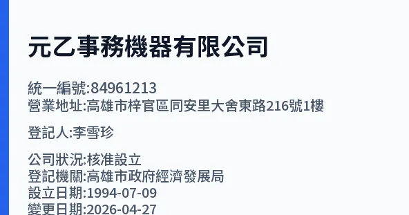 元乙事務機器有限公司的照片-統編 84961213(高雄市) 公司登記資料與營業項目詳細圖表