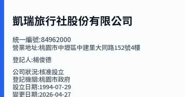 凱瑞旅行社股份有限公司的照片-統編 84962000(桃園市) 公司登記資料與營業項目詳細圖表