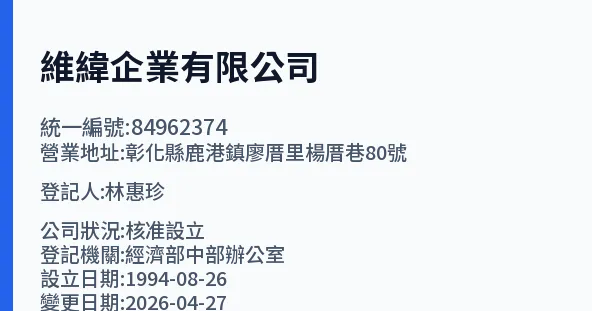 維緯企業有限公司的照片-統編 84962374(彰化縣) 公司登記資料與營業項目詳細圖表