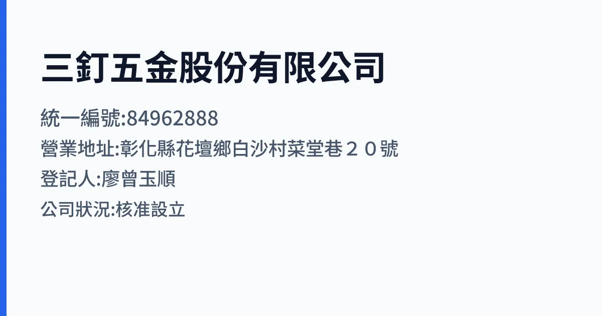 三釘五金股份有限公司 - 統編 84962888(彰化縣) 公司登記資料與營業項目詳細圖表